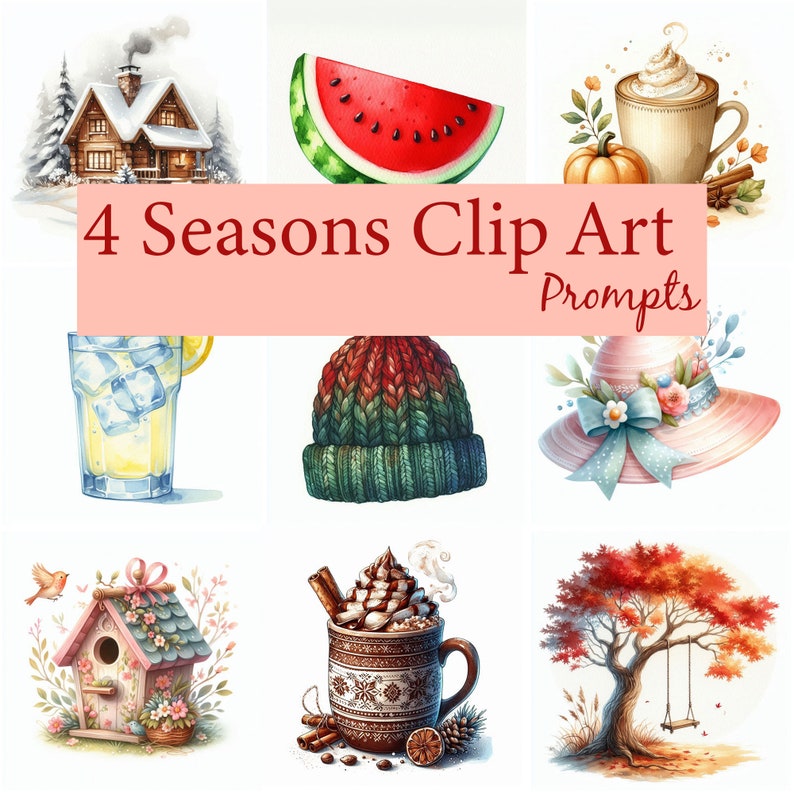 100 Seasons Clip Art Prompt Bundle, 4 Seasons Watercolour Style Unique ...
