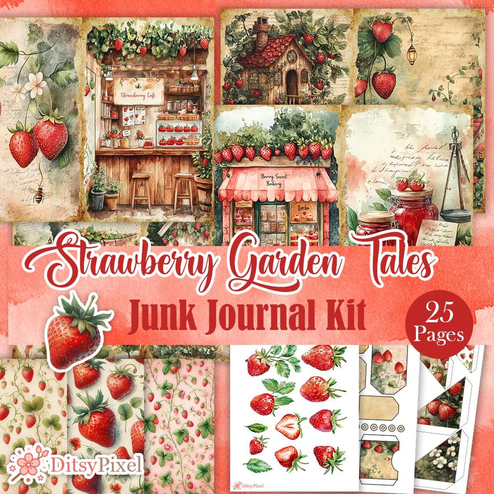 Strawberry Garden Tales - Printable Strawberries Junk Journal Kit ...