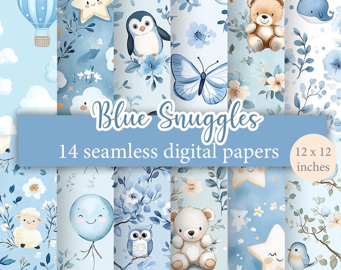Blue Snuggles - 14 Seamless Digital Paper, Watercolour Blue Tones ...