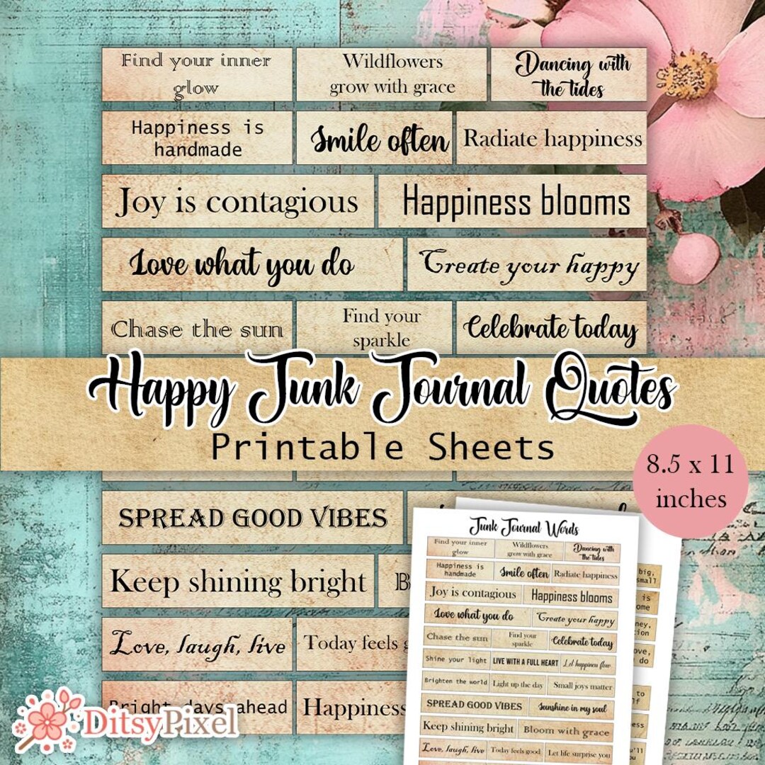 Happy Junk Journal Quotes | Printable Pages of Joyful Phrase Tags | A4 ...