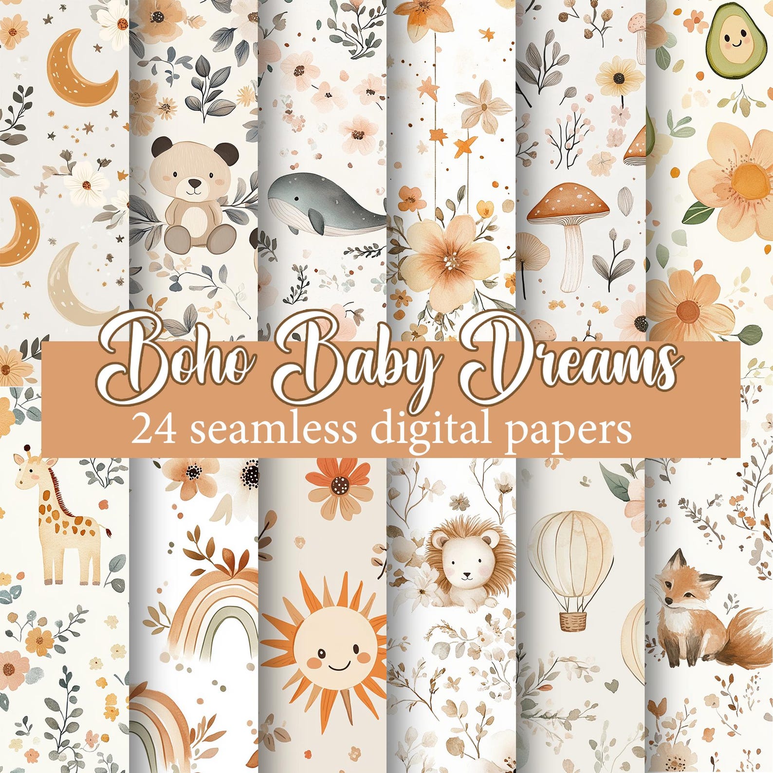 Boho Baby Dreams - 24 Seamless Digital Paper Pack, Watercolour Neutral ...