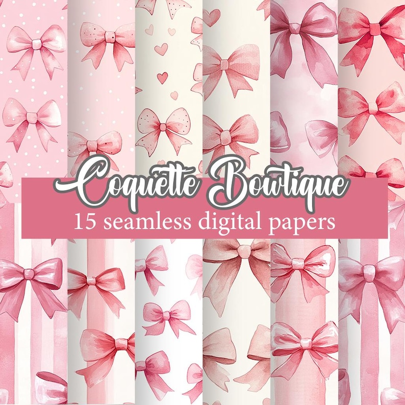 Coquette Bowtique - 15 Seamless Digital Paper Pack, Watercolour Pink ...