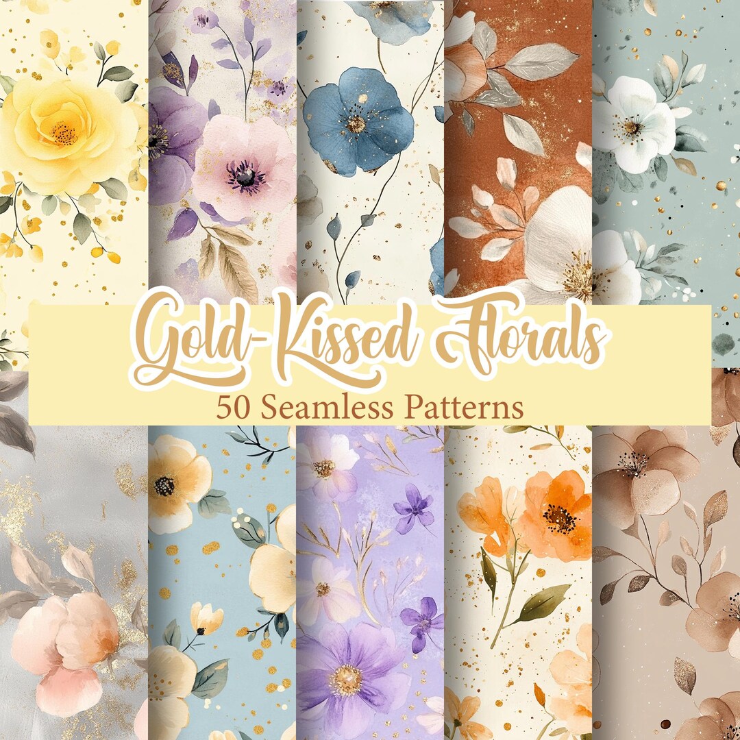 50 Gold-kissed Florals - A Seamless Digital Paper Pack, 50 Flower ...