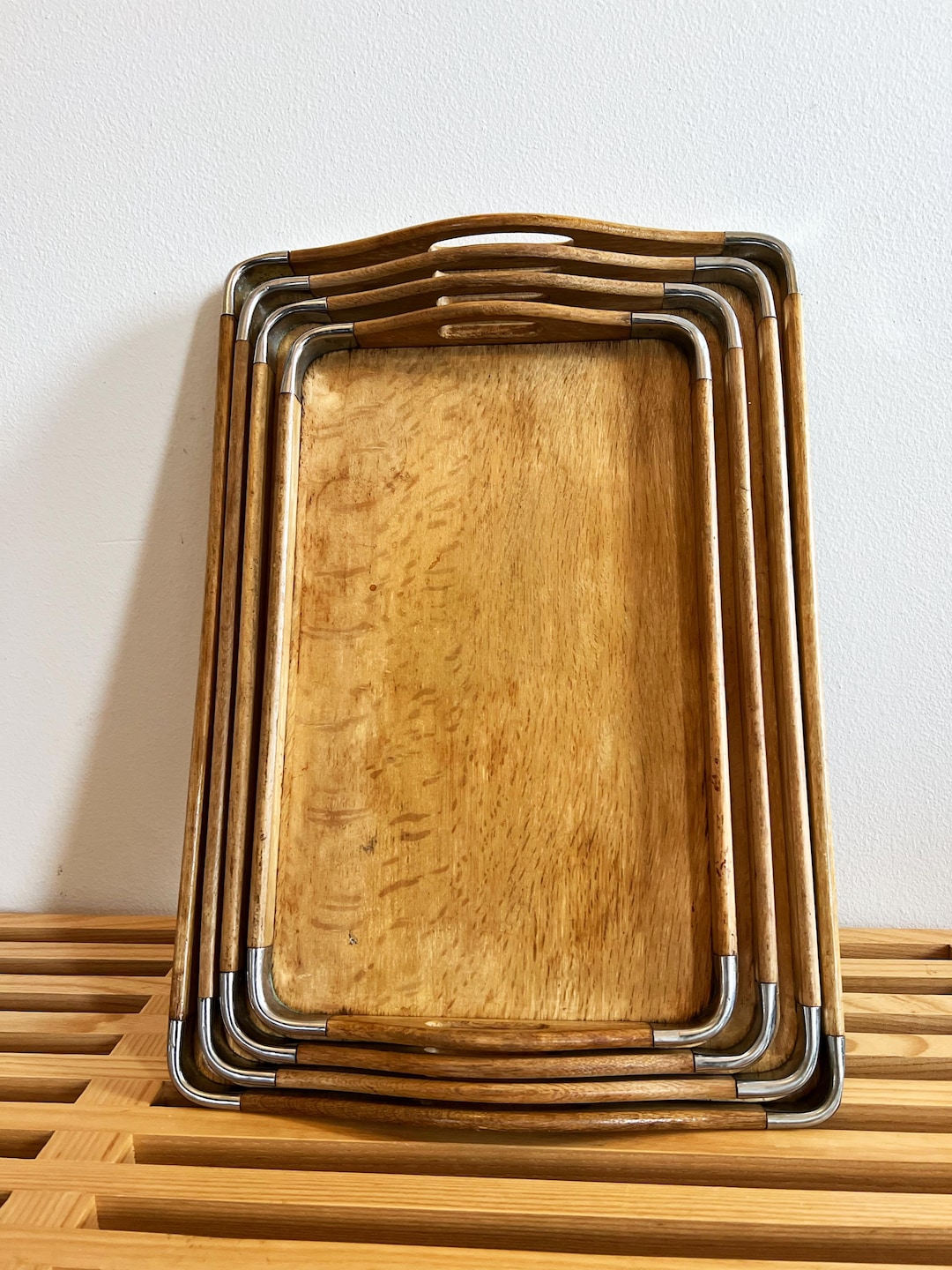 Nesting Serving Trays Oak W/metal Chrome Corners Handles Japan Mid-century - Etsy
