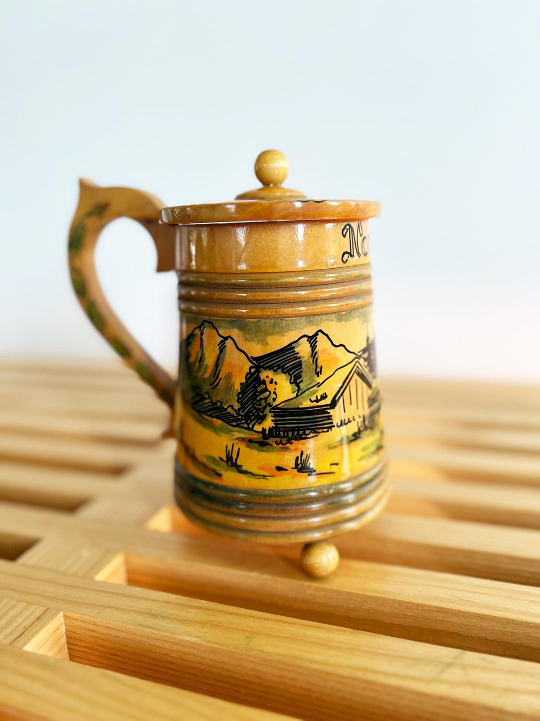 Vintage Norwegian Wood Stein: Handmade Folk Art Beer Tankard With Lid ...