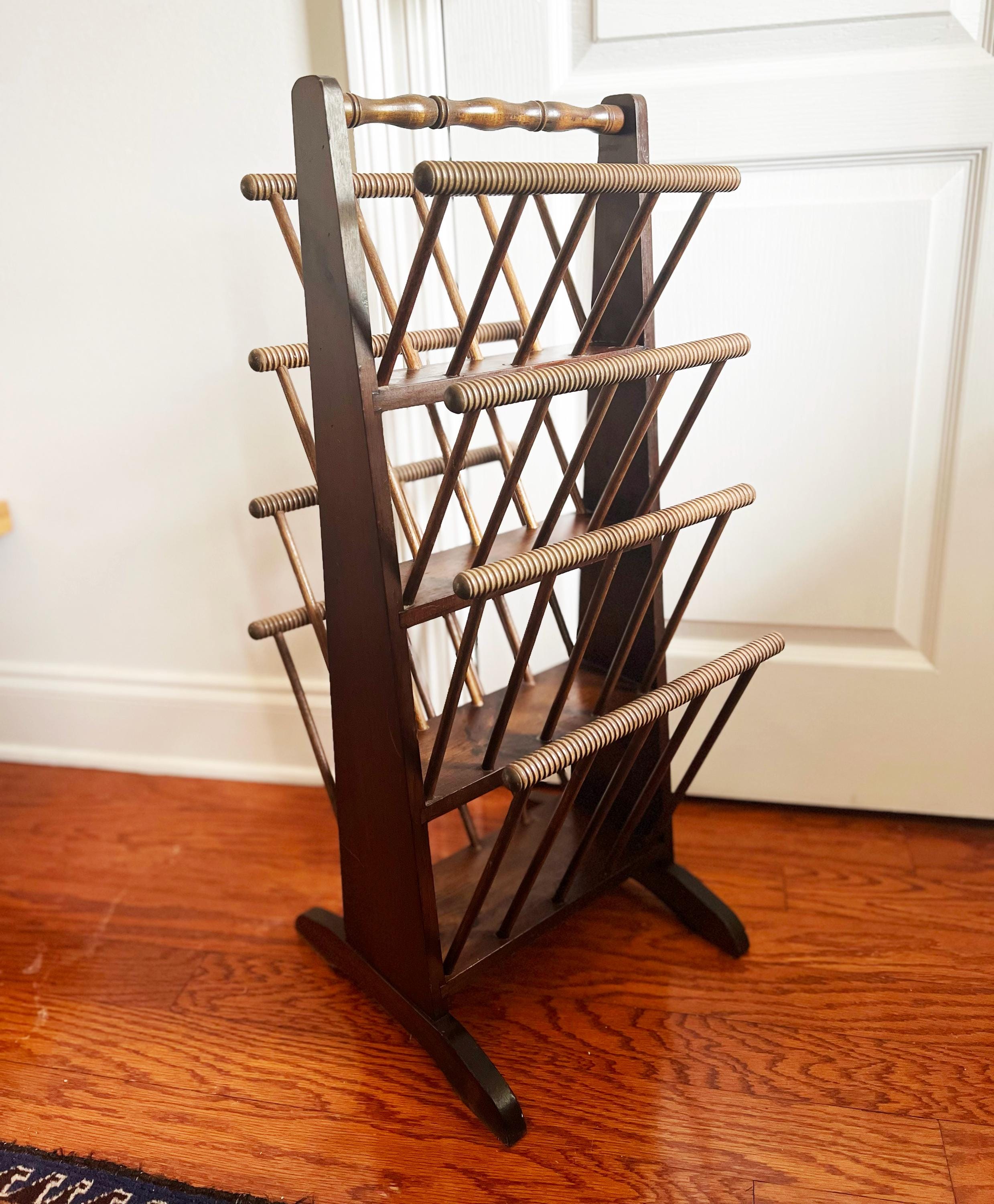 Mid Century Wood Magazine Rack Multi Tier, Turned Spindles Double Sided ...