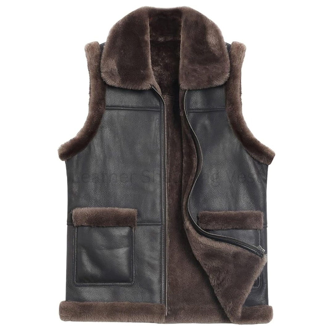 Men Leather Shearling Fur Vest, Fur Collar Waistcoat ,brown Faux Fur ...