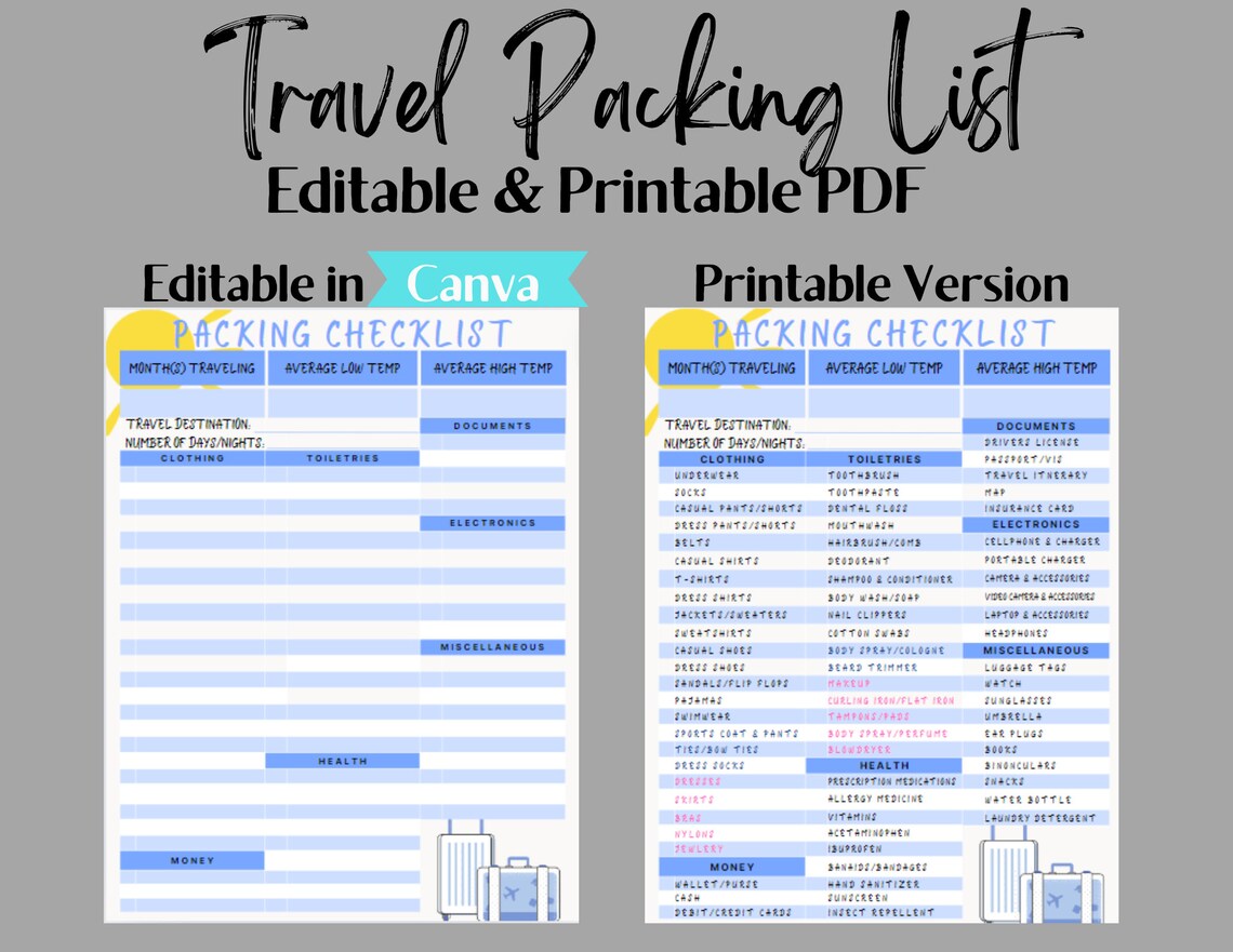 Travel Organized Editable Packing List, INSTANT DOWNLOAD - Etsy