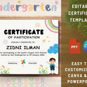 Editable Kindergarten Certificate, Customizable Kindergarten Arts ...