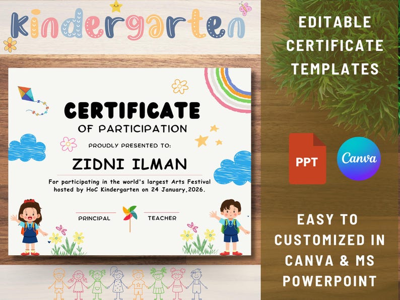 Editable Kindergarten Certificate, Customizable Kindergarten Arts ...
