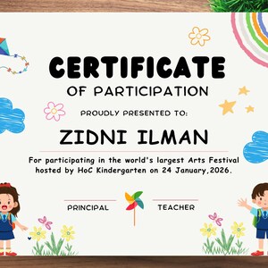 Editable Kindergarten Certificate, Customizable Kindergarten Arts ...