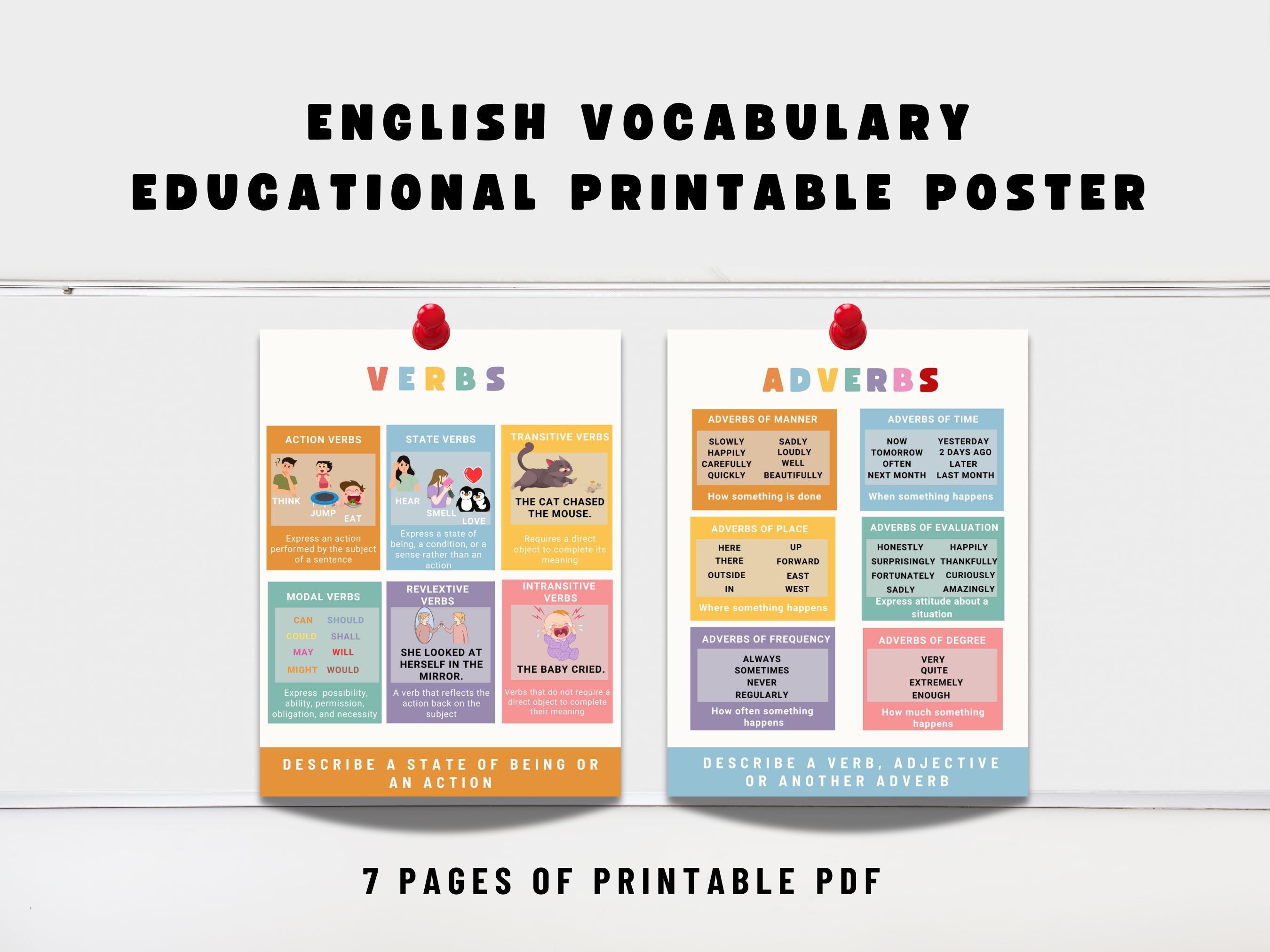 Parts of Speech Poster Vol.2 , Noun Verb Adjective Adverb Preposition ...