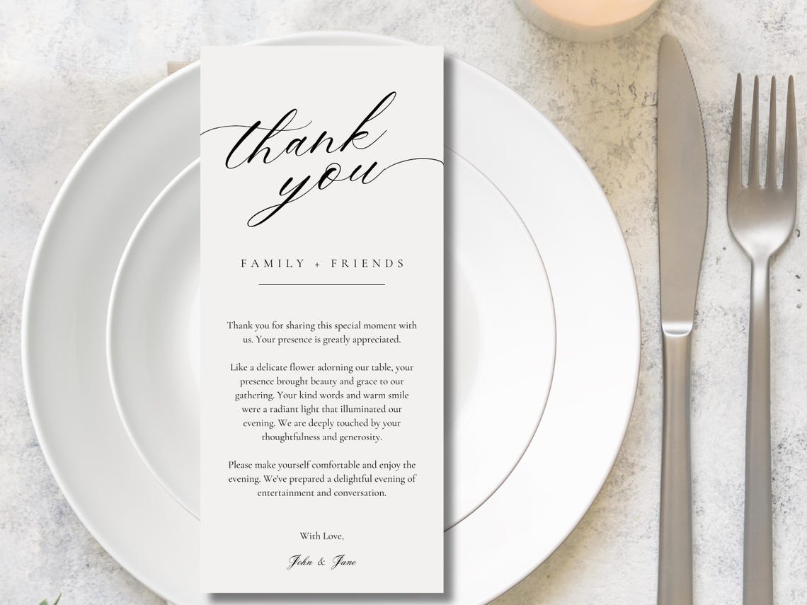 Printable Thank You Place Card for Restaurant, Hotel, Minimalist Thank ...