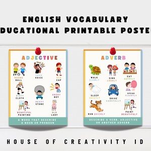 Parts of Speech Poster, Noun Verb Adjective Adverb Preposition ...
