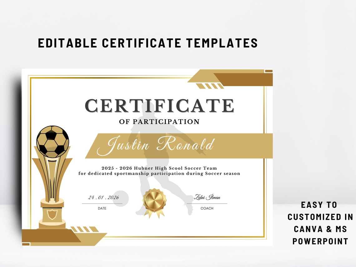 DIY Sports Award Certificates: Editable Soccer Templates (canva ...