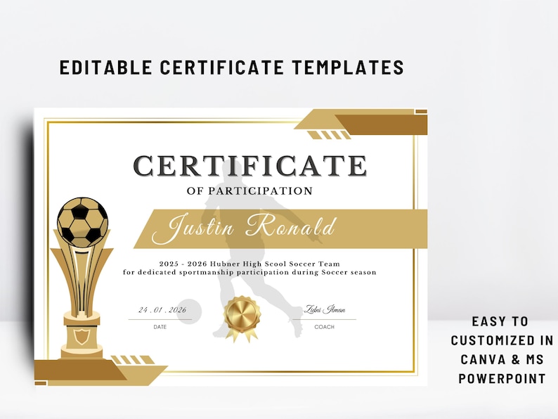 DIY Sports Award Certificates: Editable Soccer Templates (canva ...