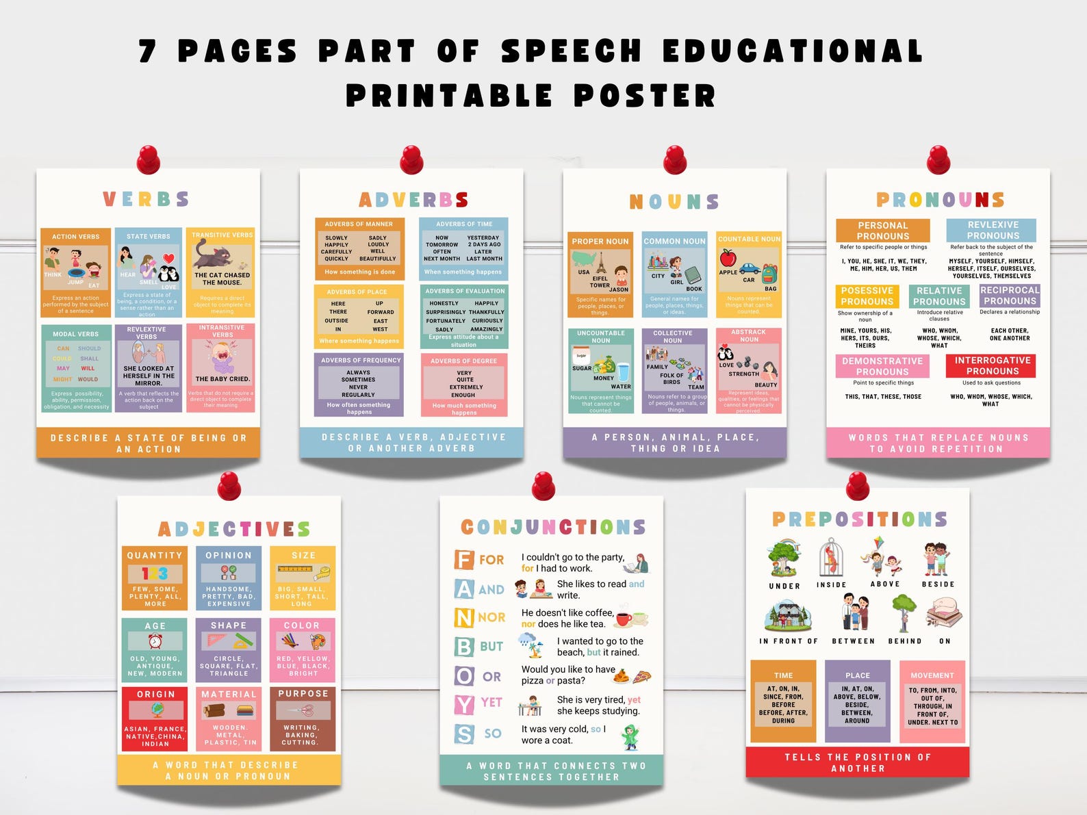 Parts of Speech Poster Vol.2 , Noun Verb Adjective Adverb Preposition ...