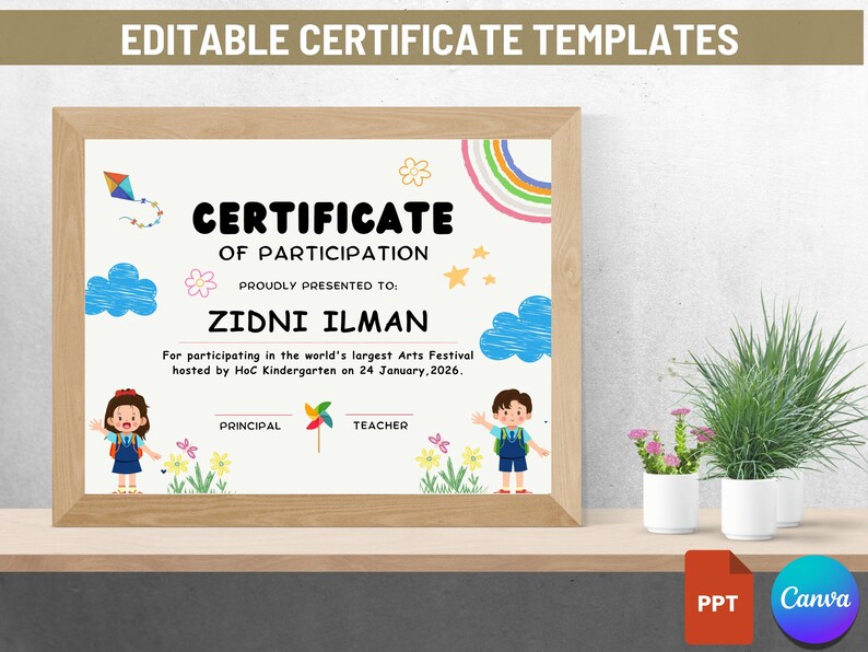 Editable Kindergarten Certificate, Customizable Kindergarten Arts ...