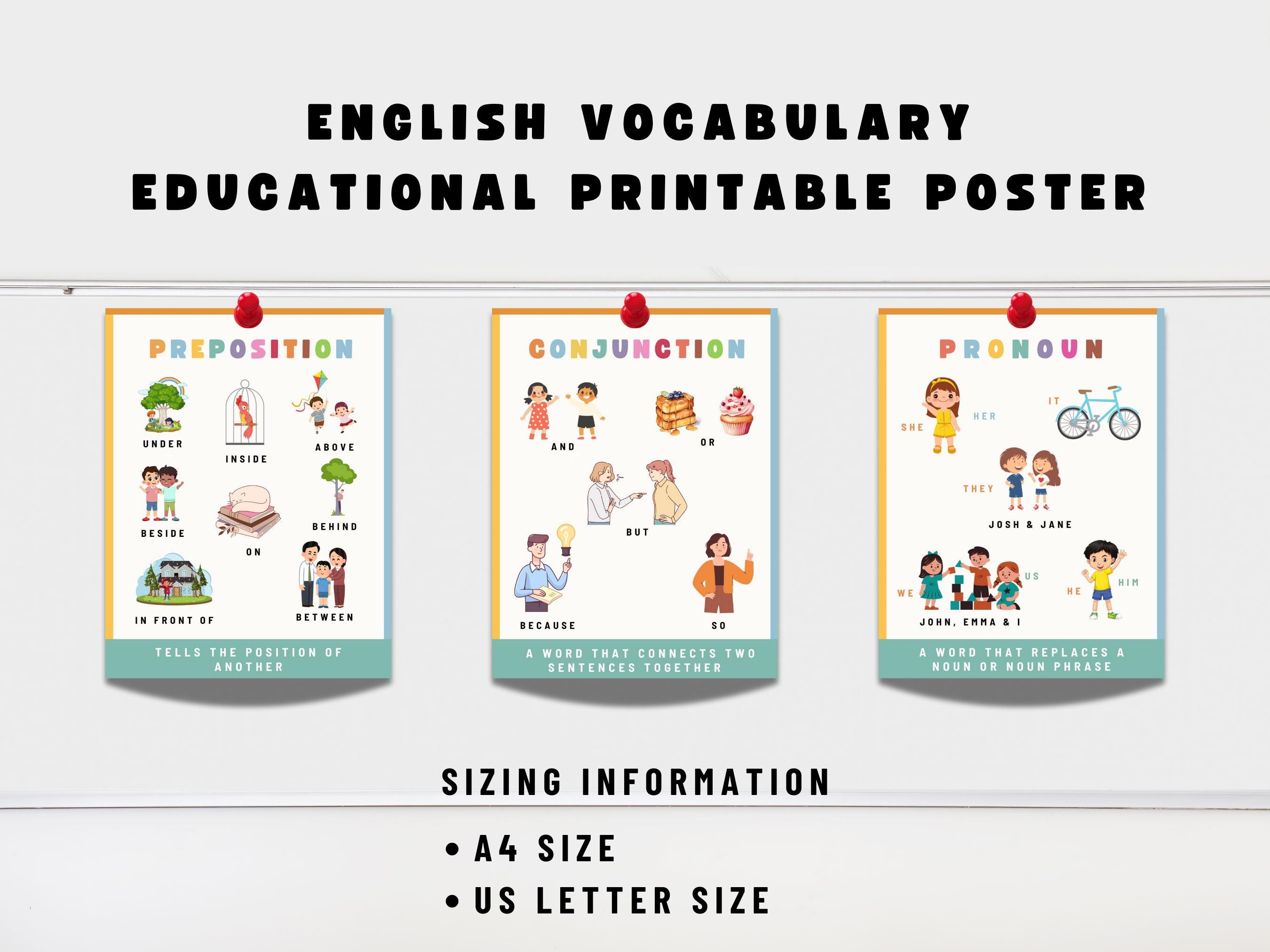 Parts of Speech Poster, Noun Verb Adjective Adverb Preposition ...