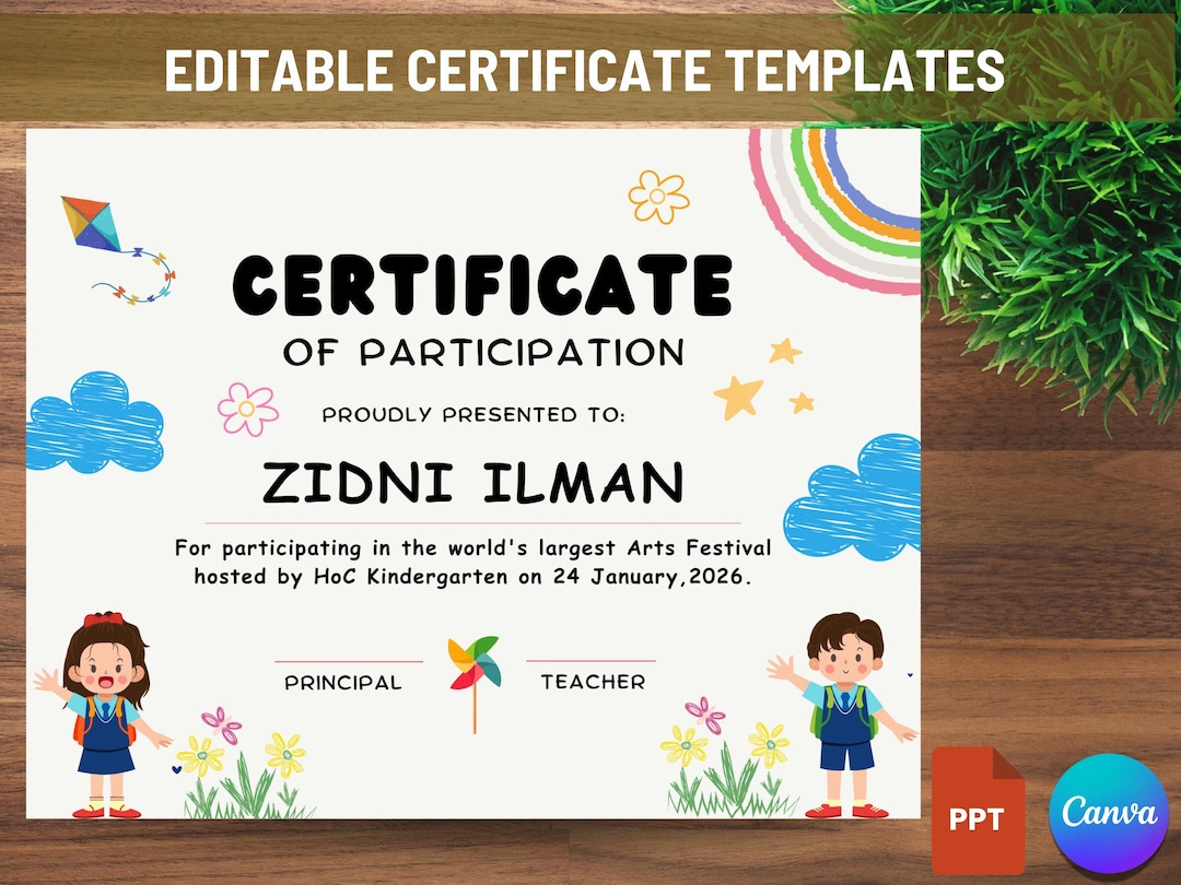 Editable Kindergarten Certificate, Customizable Kindergarten Arts ...