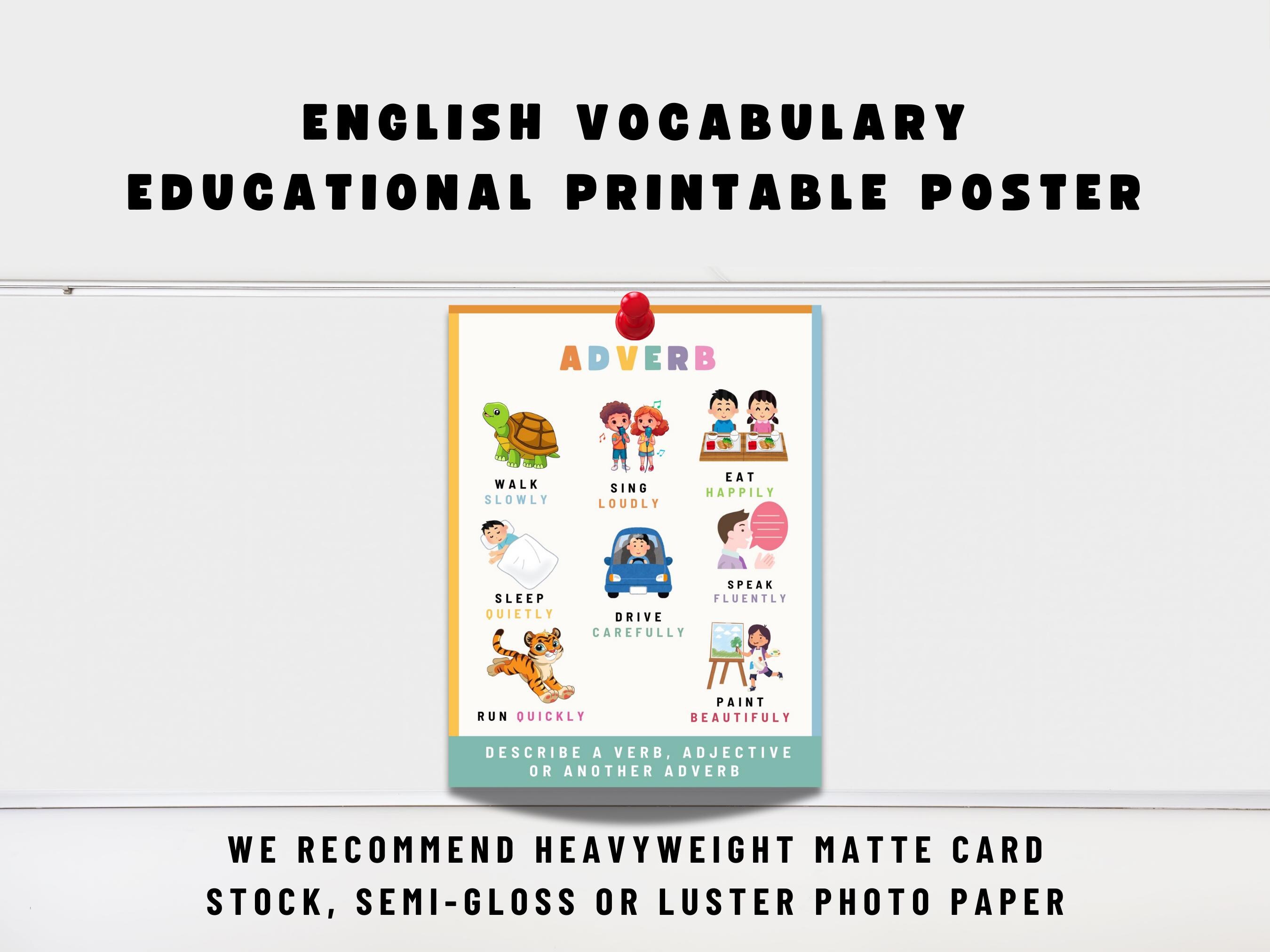 Parts of Speech Poster, Noun Verb Adjective Adverb Preposition ...