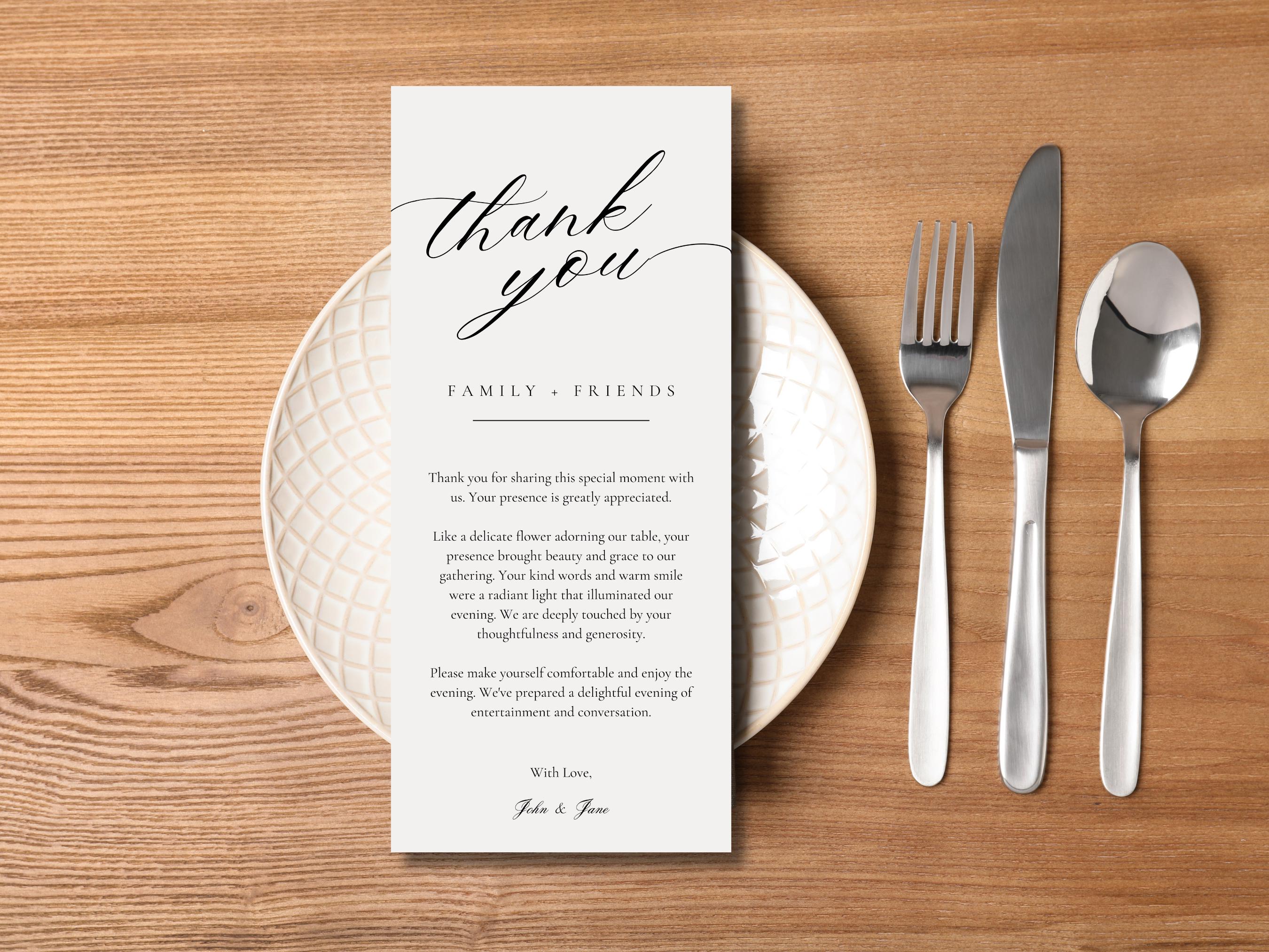 Printable Thank You Place Card for Restaurant, Hotel, Minimalist Thank ...