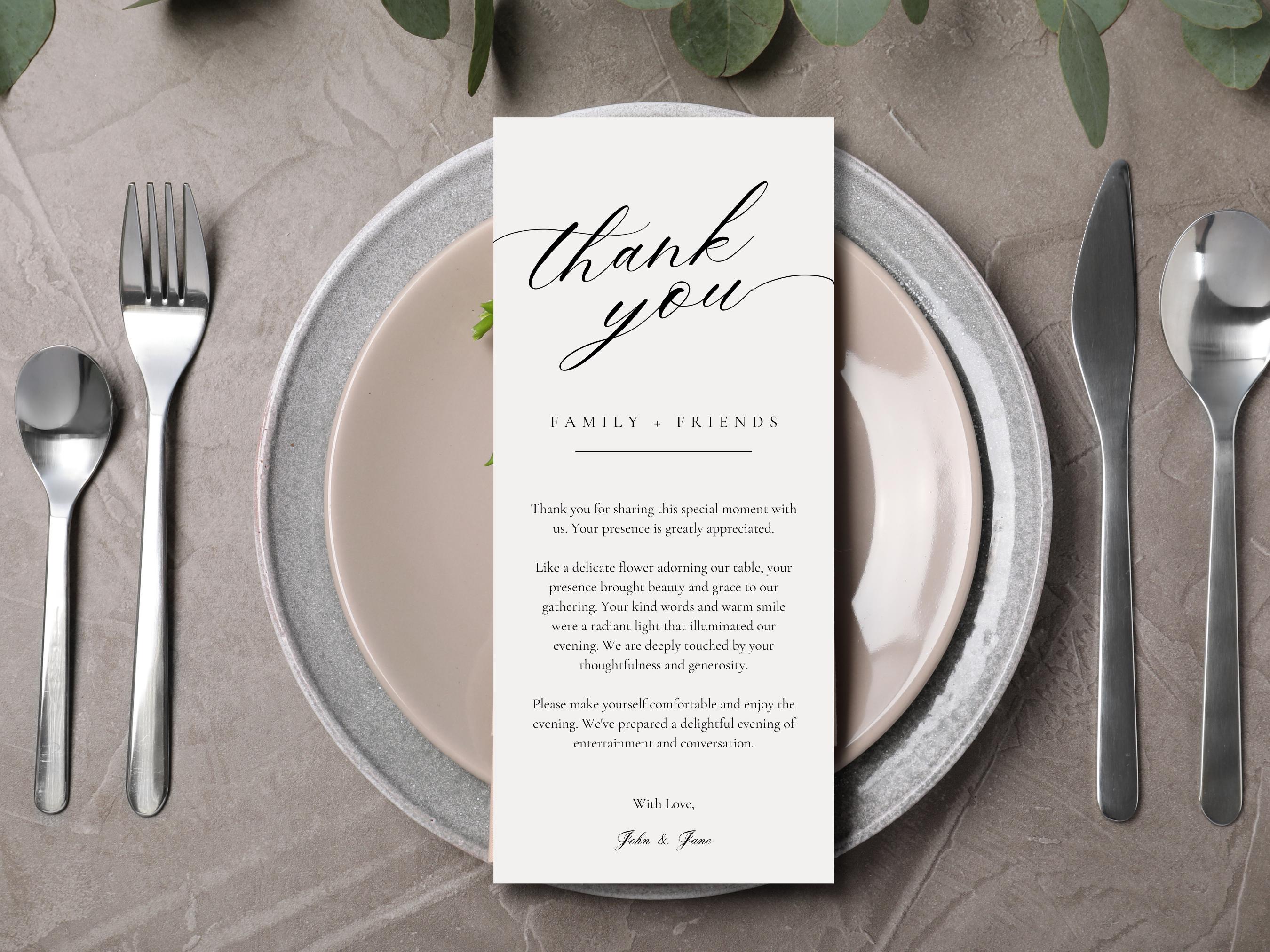 Printable Thank You Place Card for Restaurant, Hotel, Minimalist Thank ...