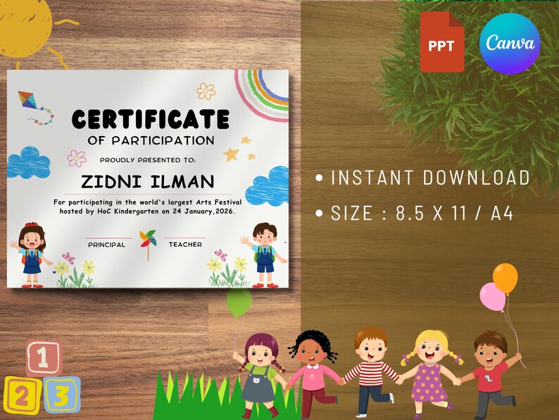 Editable Kindergarten Certificate, Customizable Kindergarten Arts ...