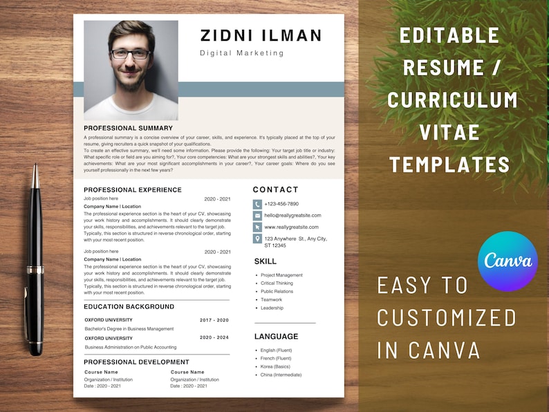 Editable Modern Resume Template: CV, Cover Letter & References (canva ...