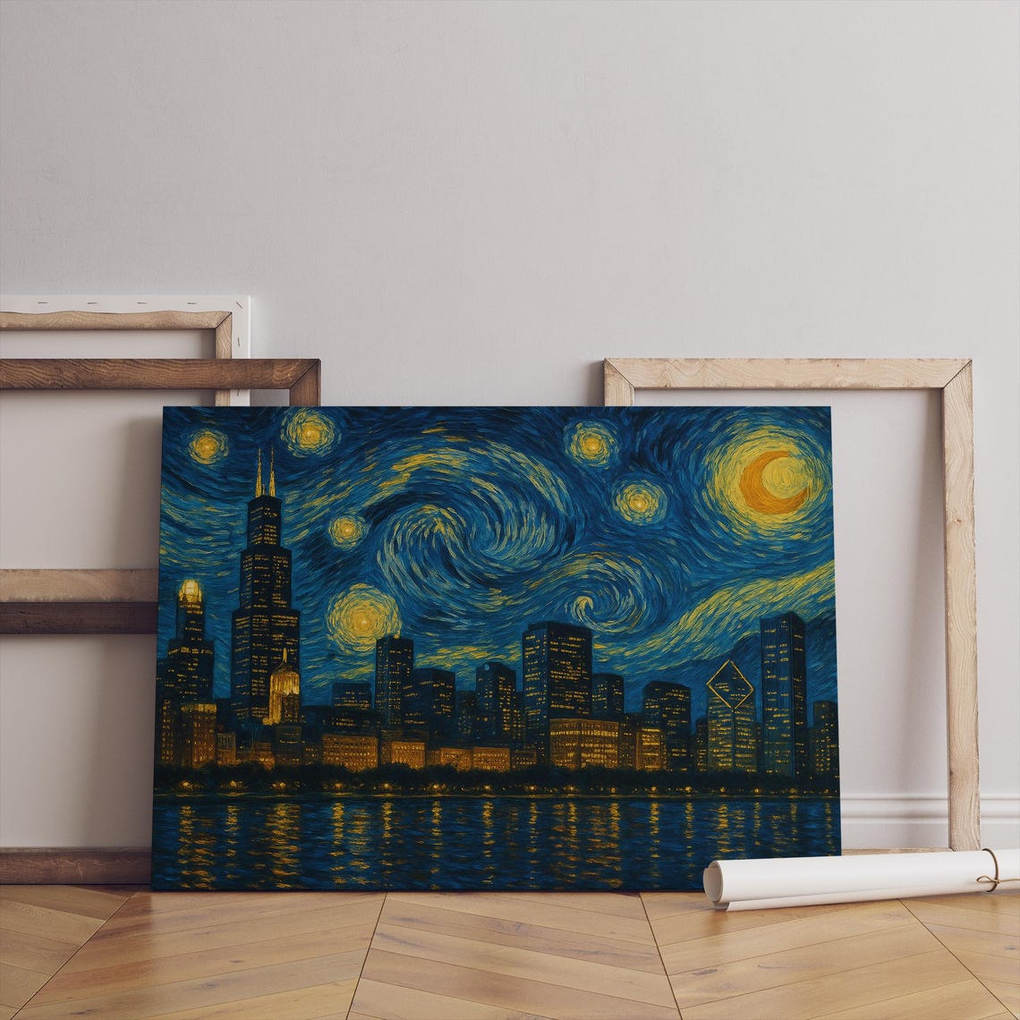 Chicago Skyline Canvas, Starry Night Style Poster, Van Gogh Inspired ...