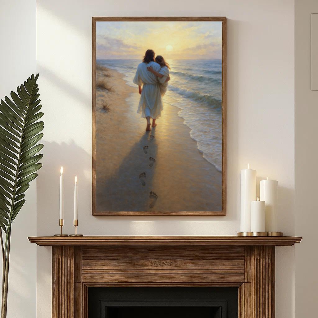 Jesus Carrying Woman Poster, Spiritual Wall Art, Footprints in the Sand ...