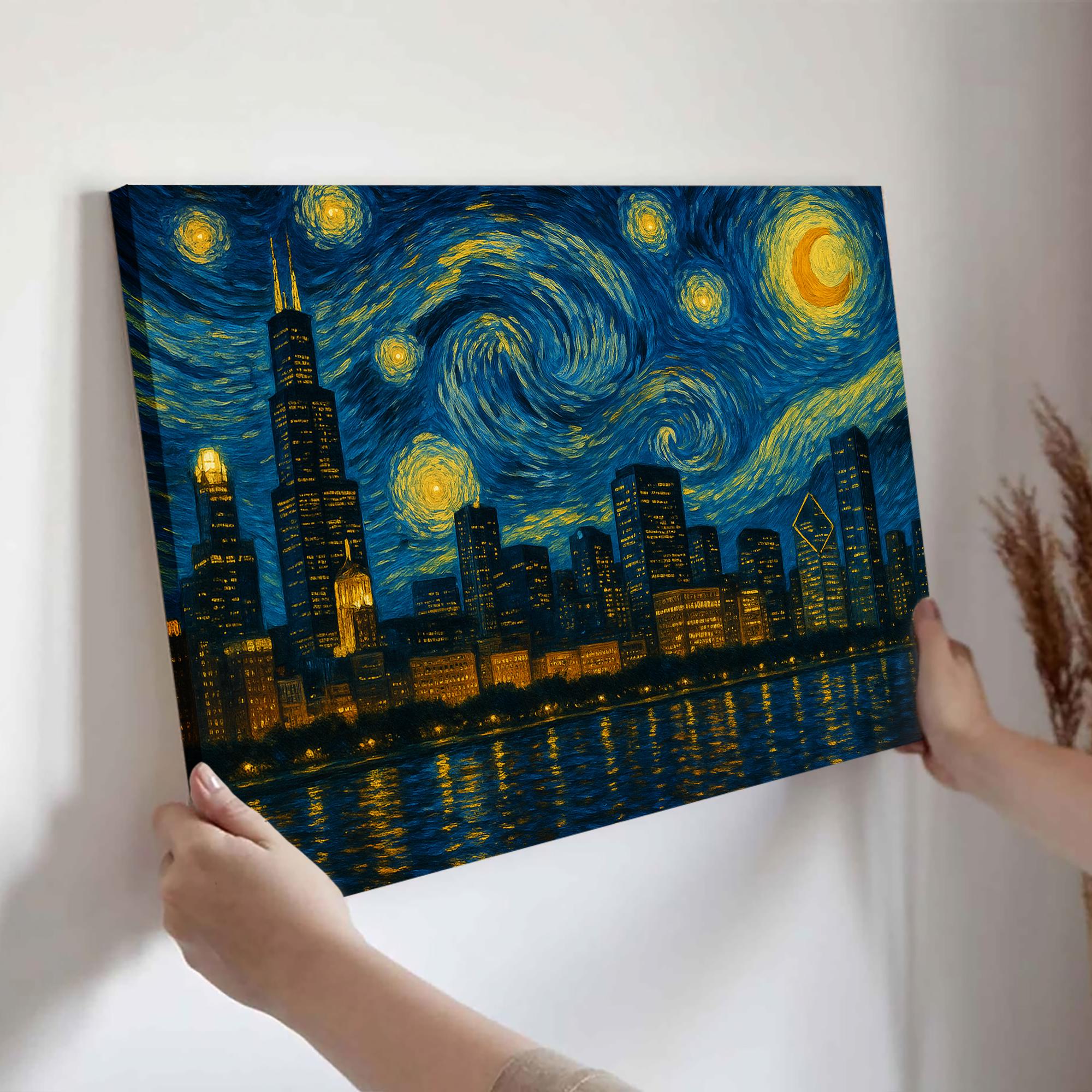 Chicago Skyline Canvas, Starry Night Style Poster, Van Gogh Inspired ...