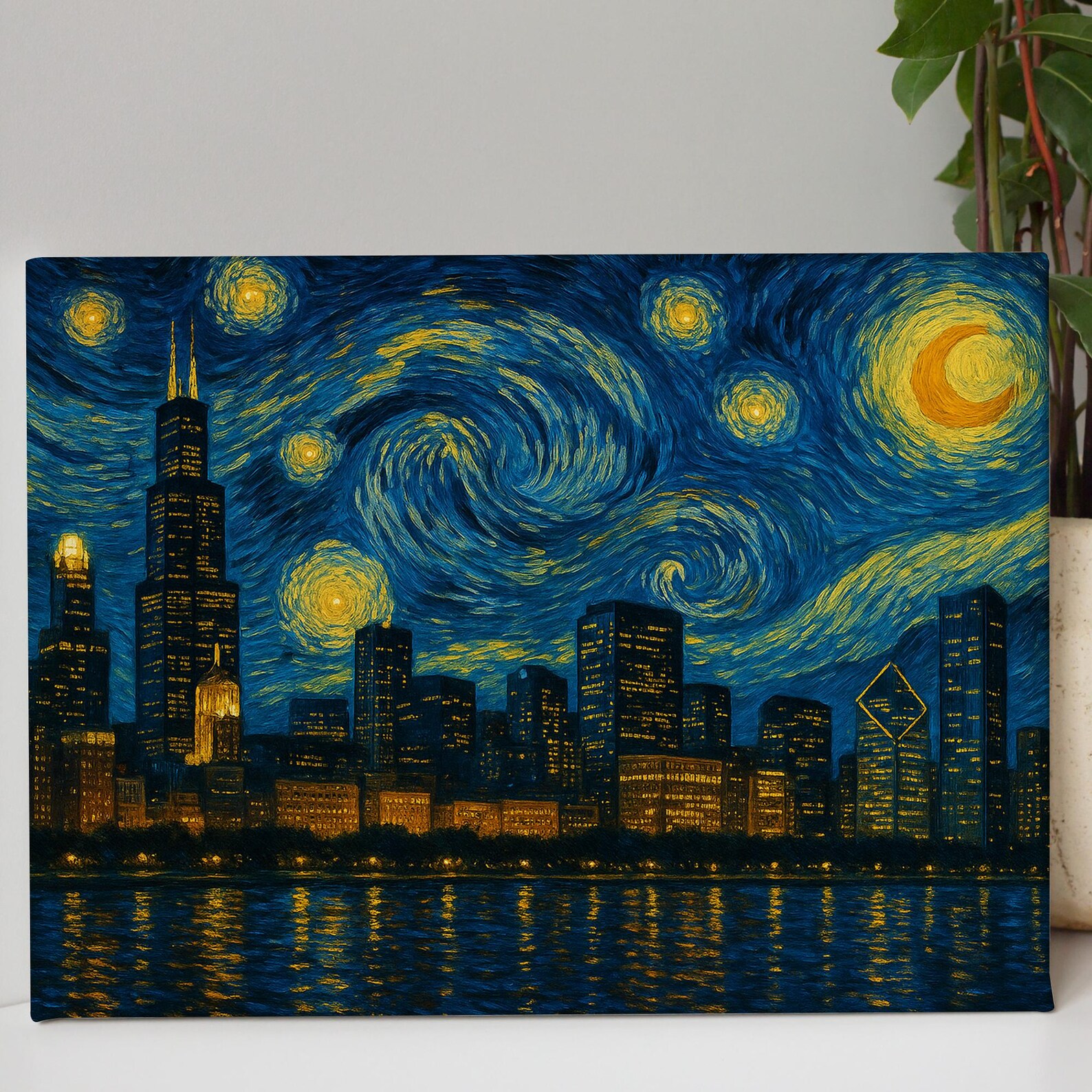 Chicago Skyline Canvas, Starry Night Style Poster, Van Gogh Inspired ...