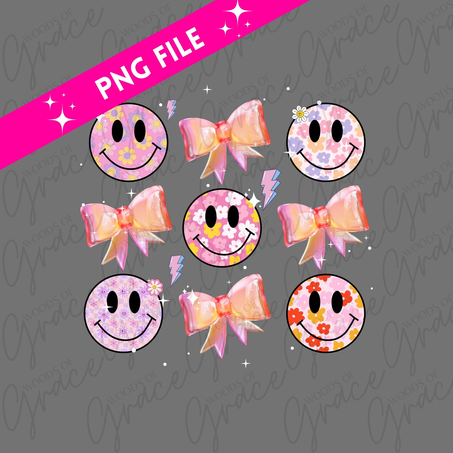 Girly Smiley Face & Bows PNG: Coquette T-shirt Design (digital Download ...