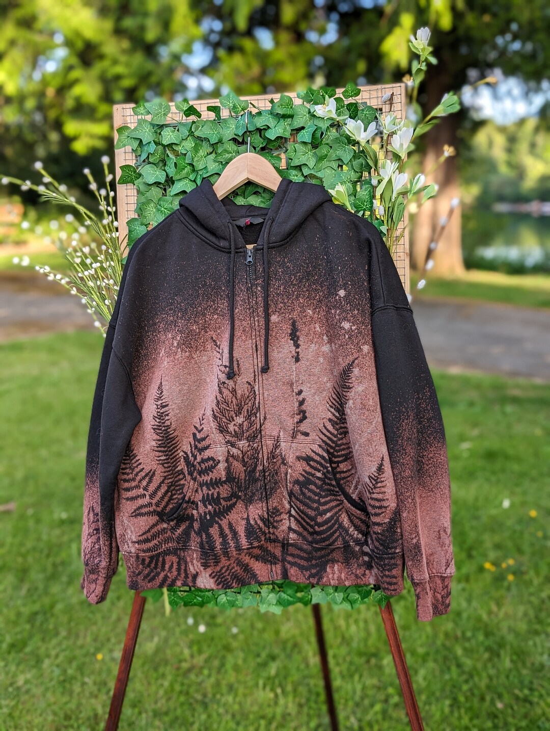 Fern Bleach Dyed Black Zip up Hoodie Nature Inspired Forest Hooded ...
