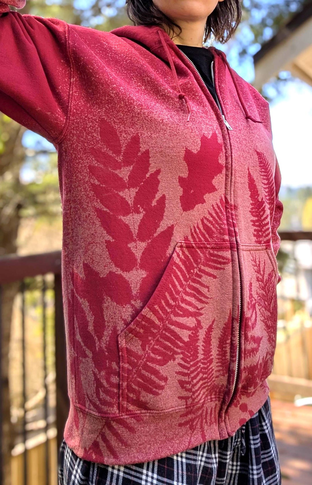 Cardinal Red Fern Bleach Dyed Zip up Hoodie Nature Inspired Forest ...