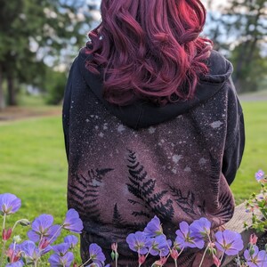 Fern Bleach Dyed Black Zip up Hoodie Nature Inspired Forest Hooded ...