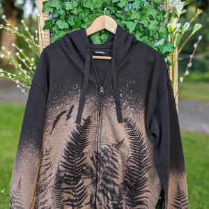 Fern Bleach Dyed Black Zip up Hoodie Nature Inspired Forest Hooded ...