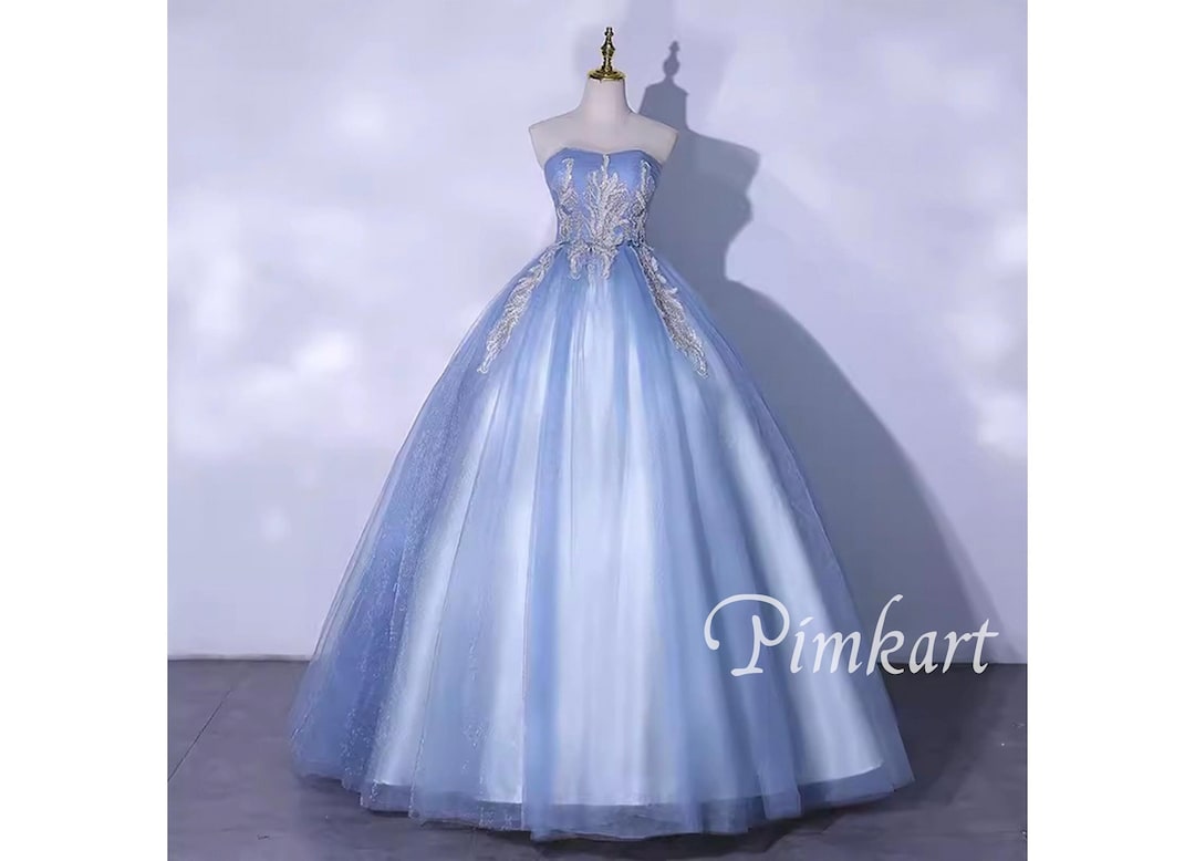 Fantastic Haze Blue Cinderella Prom Dress, Luxury Beaded Lace Celestial ...
