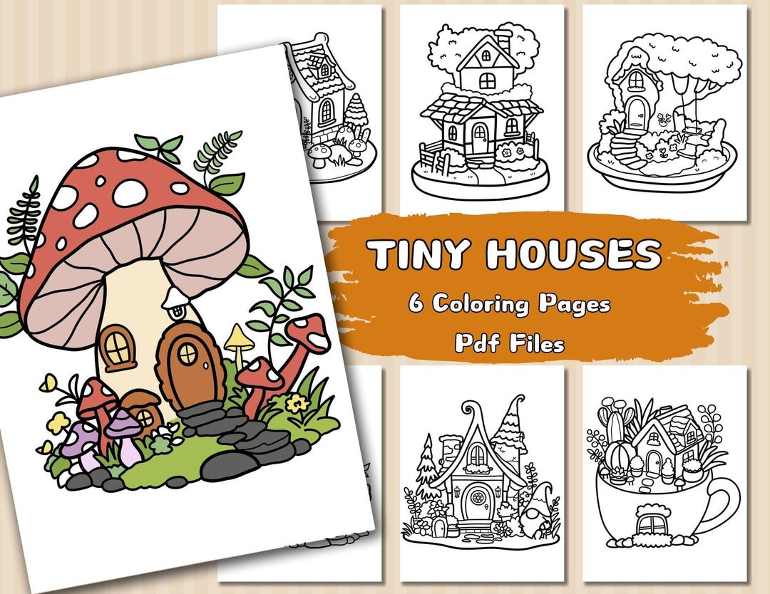 Tiny Houses Coloring Book, Mushroom House Coloring, Relaxing Stress ...