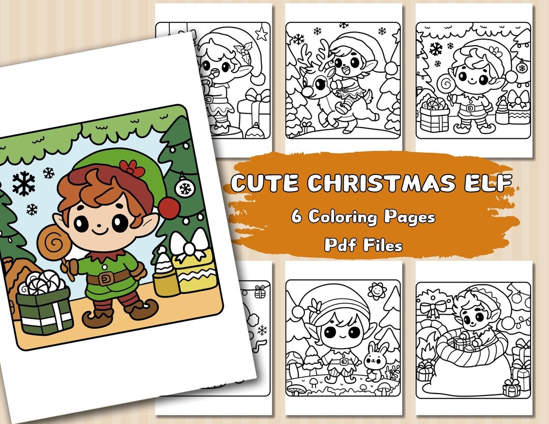 6 Cute Christmas Elf Coloring Pages, Kawaii Elf Coloring Page, Holiday ...