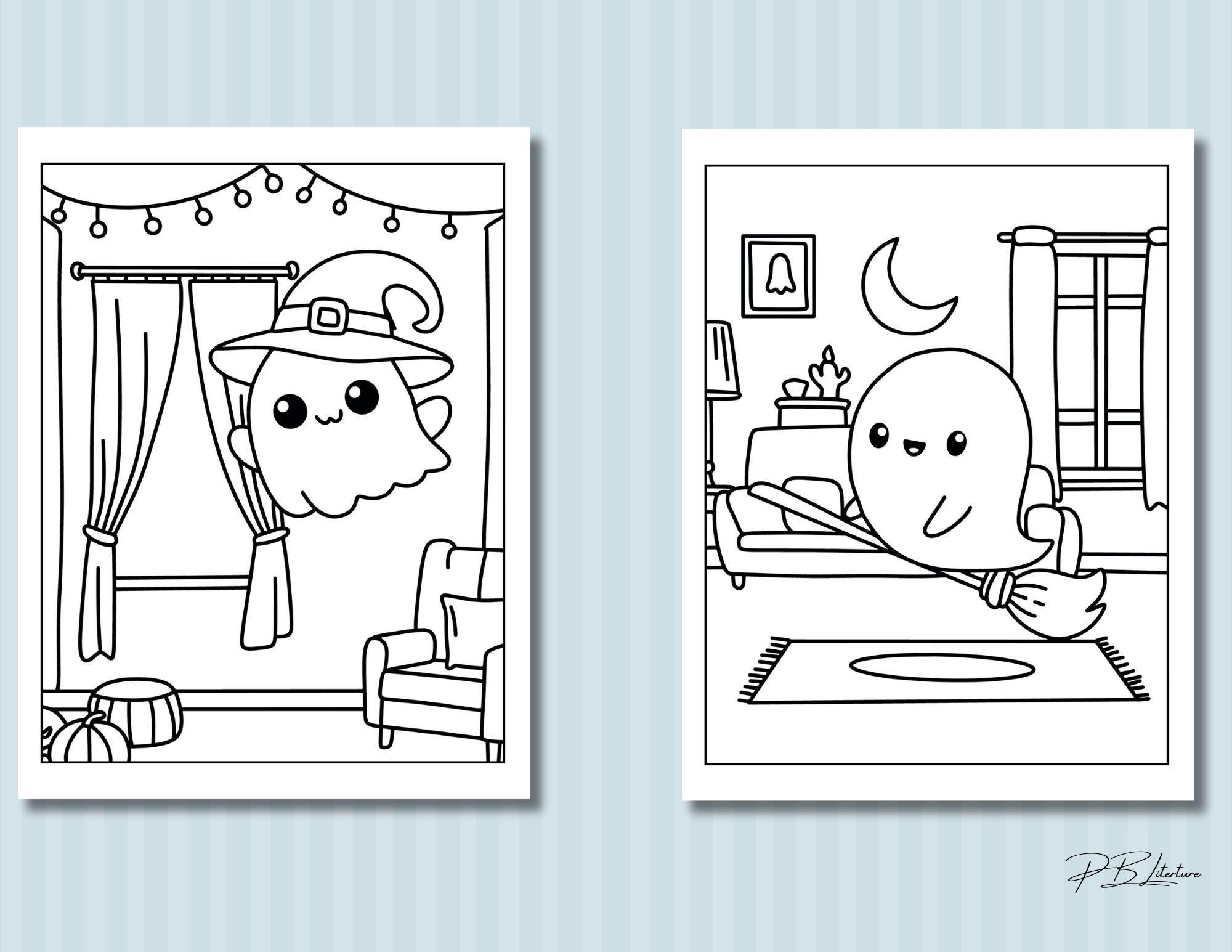 10 Cute Ghost Halloween Coloring Book, Halloween Kawaii Coloring Pages ...