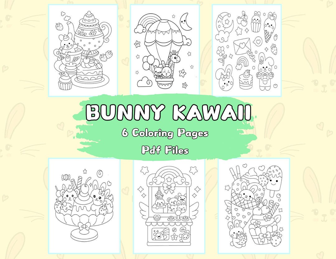 Bunny Kawaii Cozy Coloring Pages, 6 Pages Cute Coloring Book, Aesthetic ...