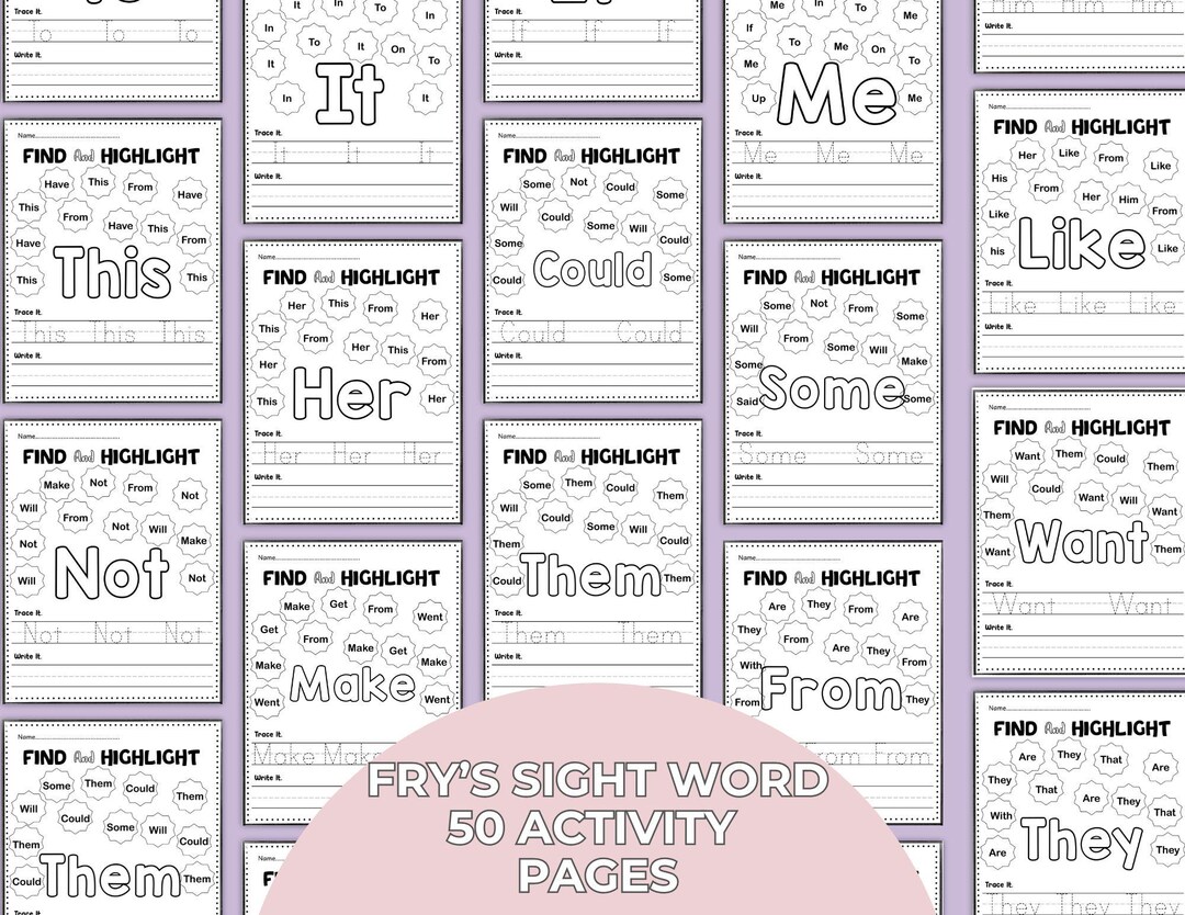 50 Printable Fry's Sight Word Kindergarten Worksheet, Preschool Sight ...
