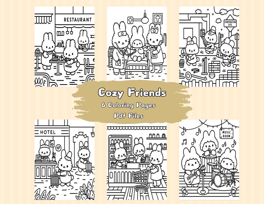 Cozy Friends Super Cute Animal Characters Coloring Book, 6 Pages Kawaii ...
