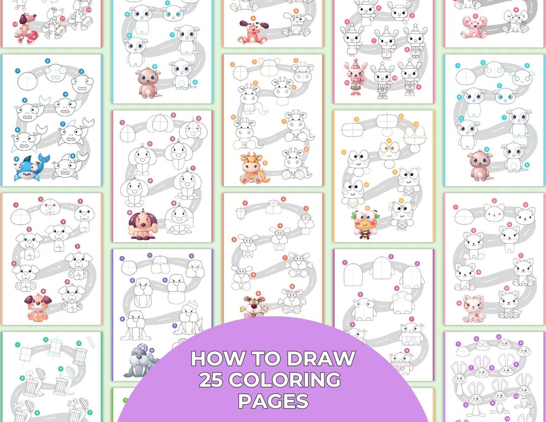 How to Draw Animals Coloring Pages for Kids, 25 Step-by-step Drawing ...