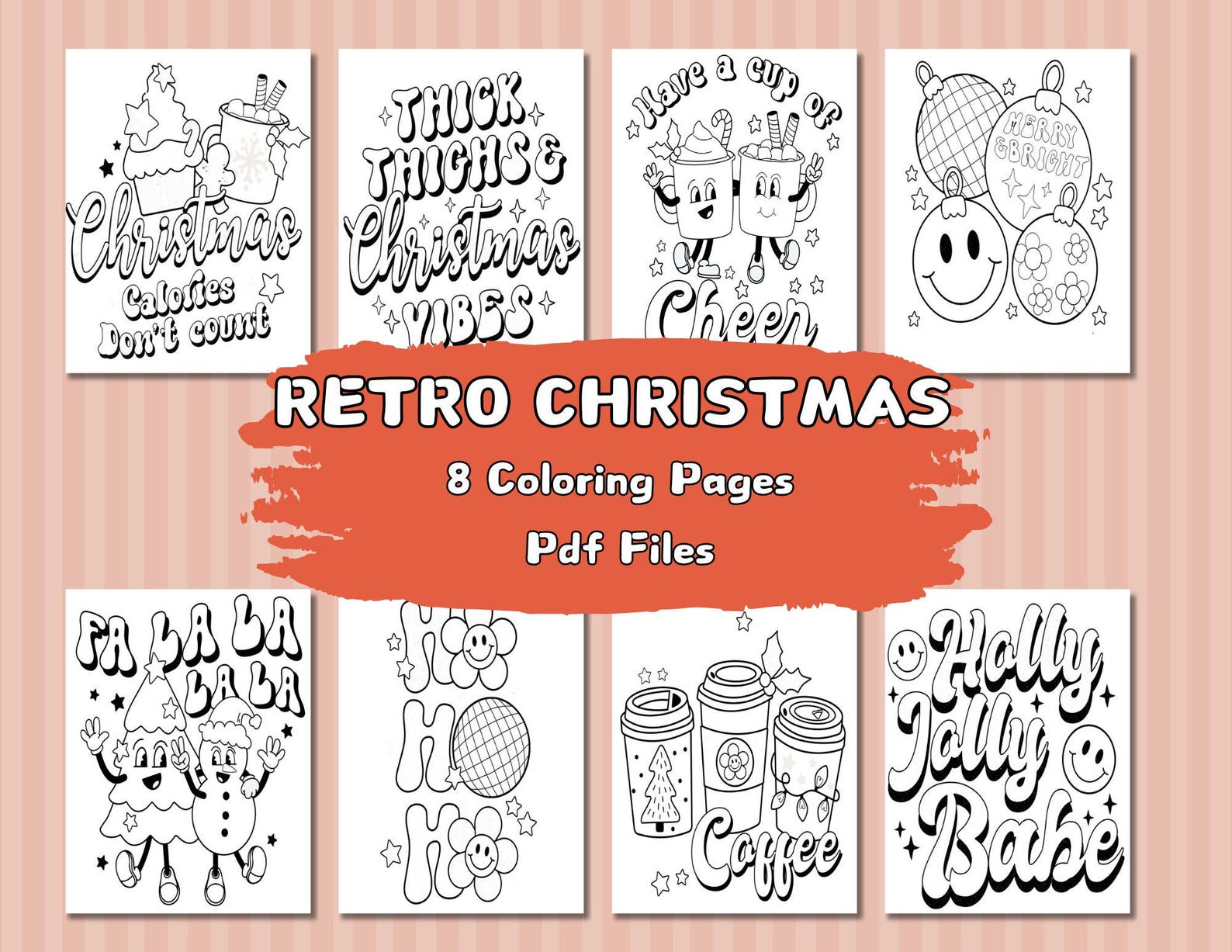 8 Retro Christmas Coloring Pages, Cute Christmas Coloring Pages, Retro ...