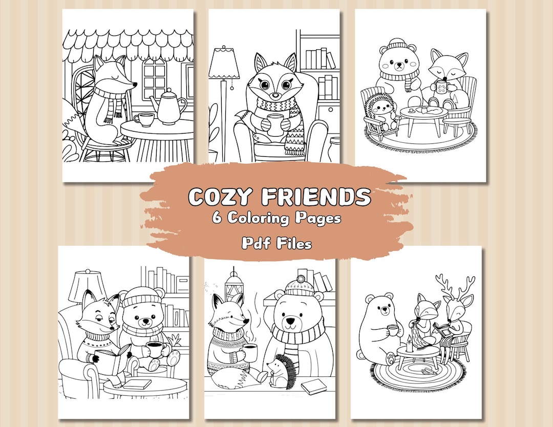 6 Cozy Friends Coloring Book, Cute Animal Characters Coloring Pages ...