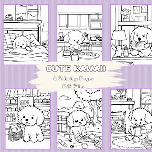 Cute Kawaii Puppy 6 Coloring Pages, Easy Poodle Coloring Book for Kids ...