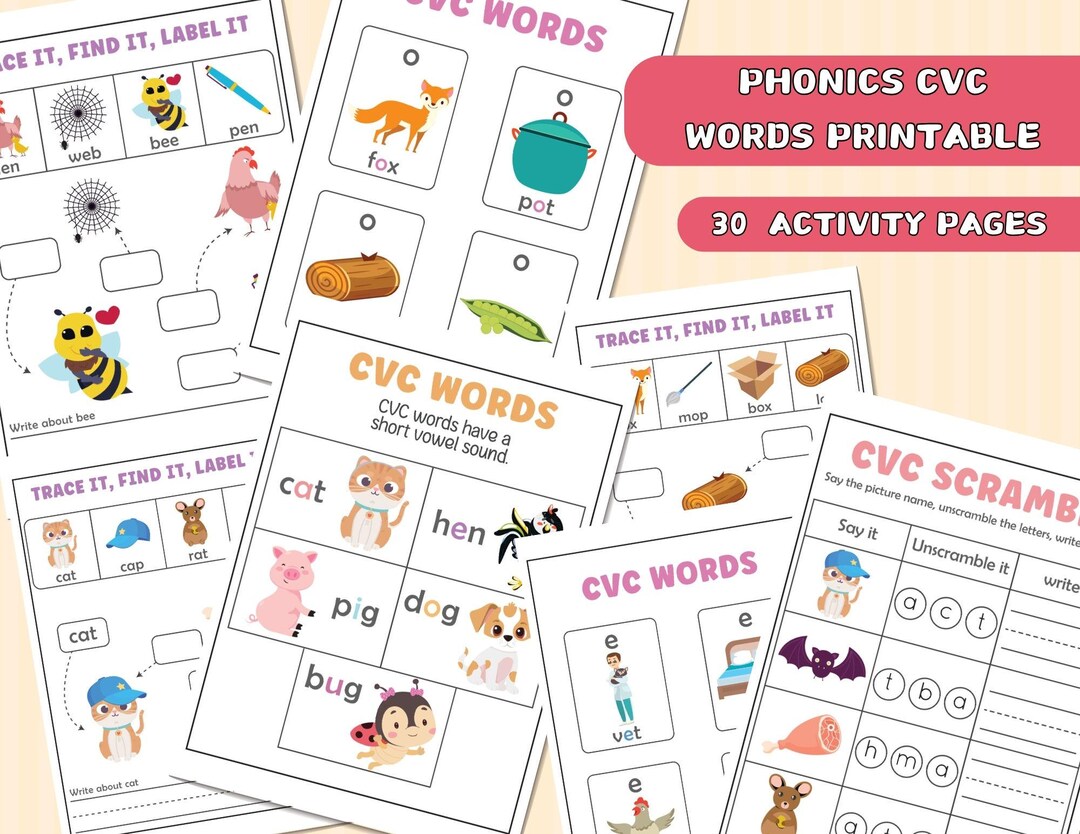 Phonics CVC Words Printable Worksheets for Kindergarten, CVC Word ...